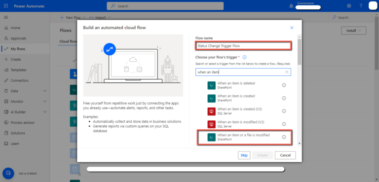 Trigger Power Automate flow when a column is modified